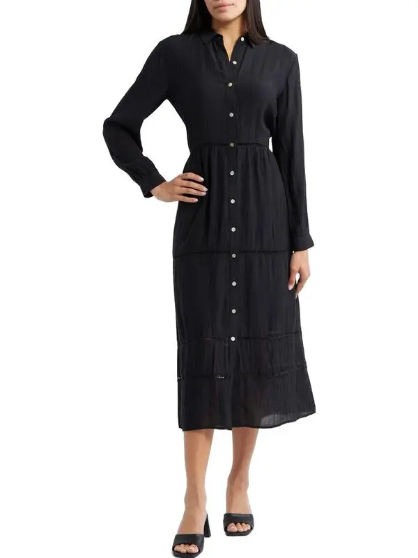 CLOTH & STONE Ladder Stitch Long Sleeve Midi Shirtdress - Black