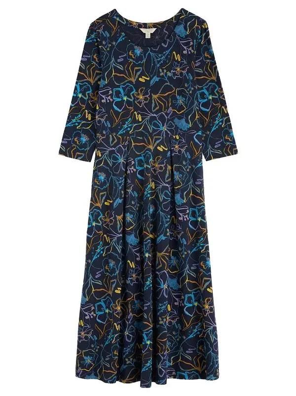 SEASALT CORNWALL Veronica Print Stretch Organic Cotton Jersey Midi Dress - Drawn Floral Maritime