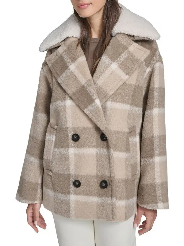 LEVI'S Plaid Pea Coat With Faux Shearling Collar - Camel Comb