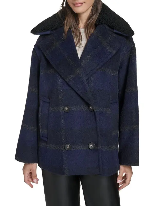 LEVI'S Plaid Pea Coat With Faux Shearling Collar - Navy Plaid