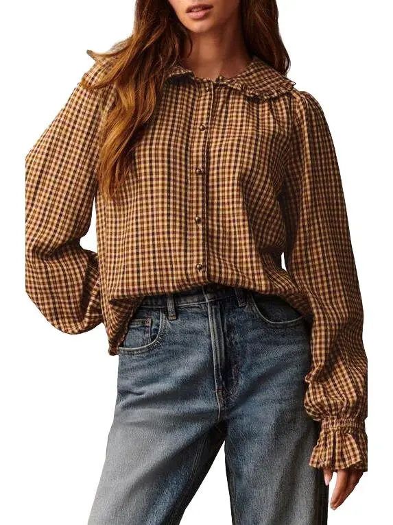 NEXT Check Ruffle Collar Button-up Shirt - Brown