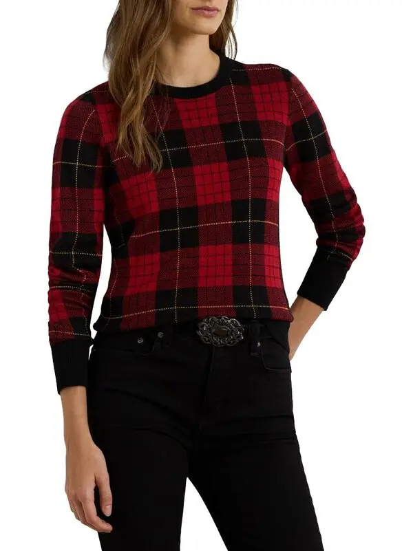 Ralph Lauren Plaid Crewneck Cotton-blend Sweater - Black/red Multi