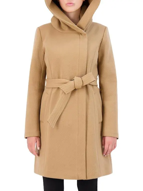 Cole Haan Twill Belted Hooded Coat - Beige