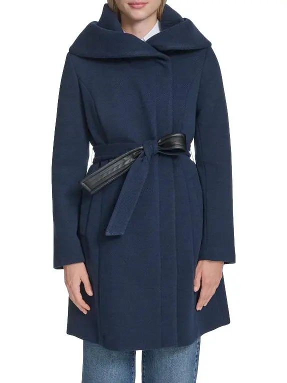 Cole Haan Twill Belted Hooded Coat - Navy