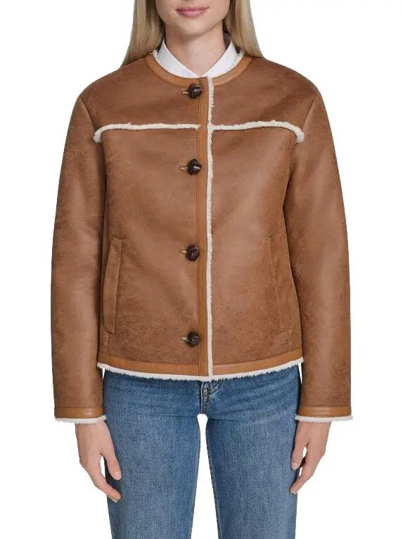 Cole Haan Water-resistant Waxed Faux Shearling Collarless Jacket - Hazelnut
