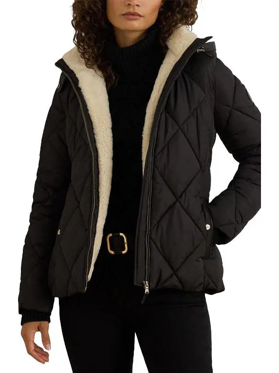 Ralph Lauren Diamond Puffer Coat With Faux Shearling Lining - Black