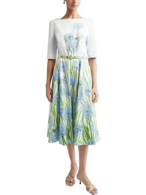 Oscar De La Renta Allium Cotton Stretch Poplin Belted Dress - Blue/white