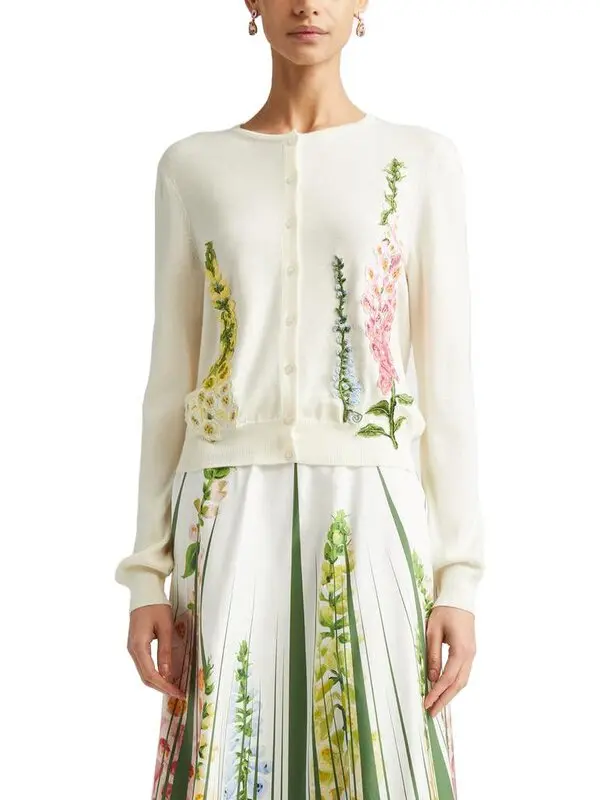 Oscar De La Renta Foxglove Embroidered Virgin Wool Cardigan - Ivory
