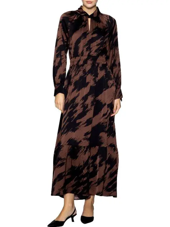 MELLODAY Brushstroke Print Long Sleeve Maxi Dress - Brown/black