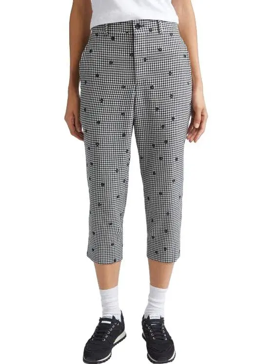 Comme Des Garçons Floral Embroidered Gingham Crop Pants - Black/black/white