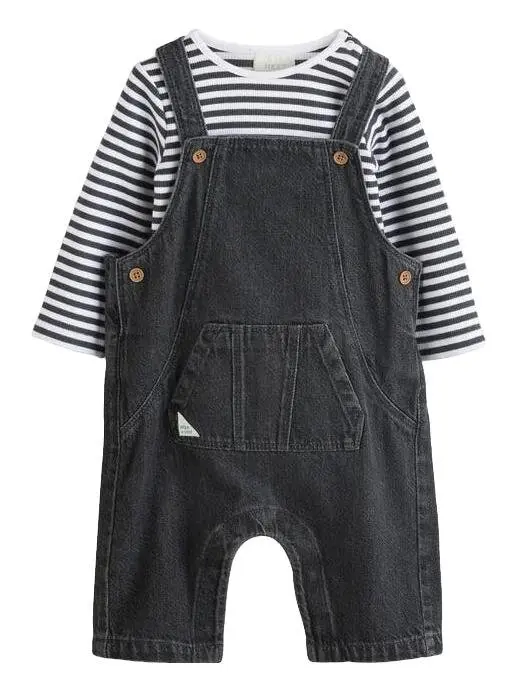 NEXT Stripe Long Sleeve T-shirt & Denim Overalls Set - Black