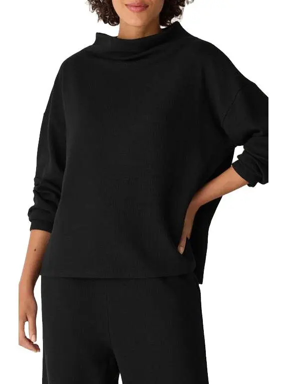 Eileen Fisher Funnel Neck Boxy Organic Cotton Blend Top - Black