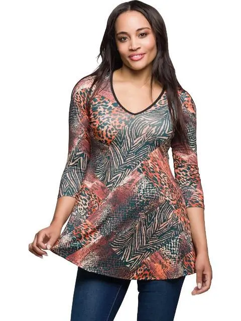 24SEVEN COMFORT APPAREL Animal Print V-neck Tunic Top - Brown Multi