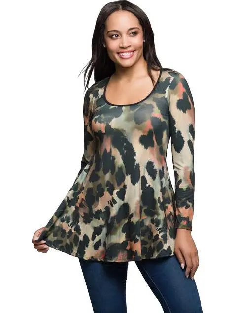 24SEVEN COMFORT APPAREL Long Sleeve Scoop Neck A-line Top - Green Multi