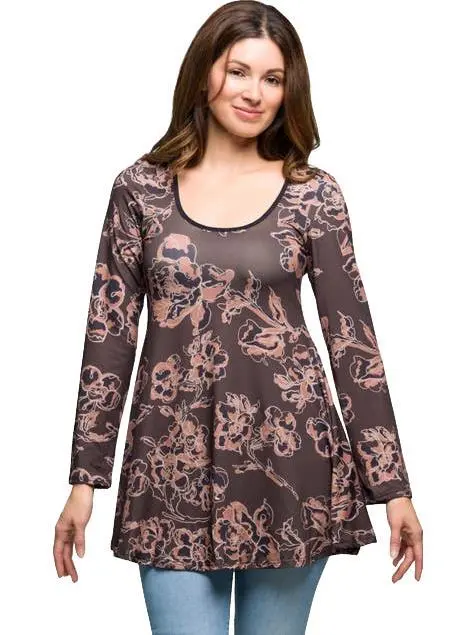 24SEVEN COMFORT APPAREL Long Sleeve Tunic Top - Brown Multi