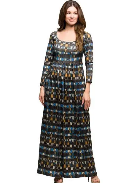 24SEVEN COMFORT APPAREL Geometric Print Empire Waist Maxi Dress - Brown Multi