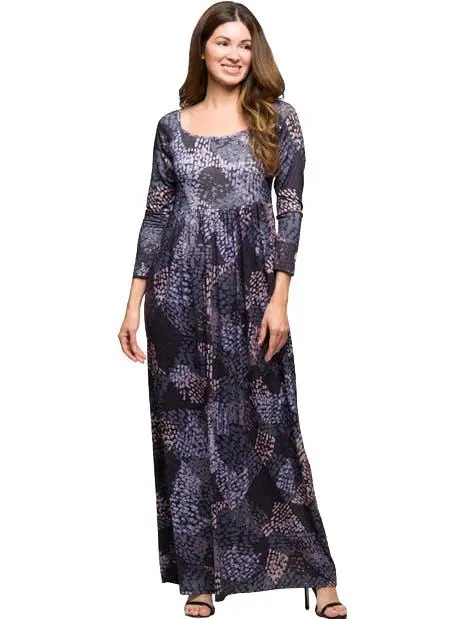 24SEVEN COMFORT APPAREL Printed Empire Waist Maxi Dress - Gray Multi