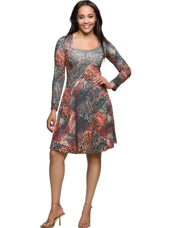 24SEVEN COMFORT APPAREL Animal Print Fit And Flare Dress - Brown Multi