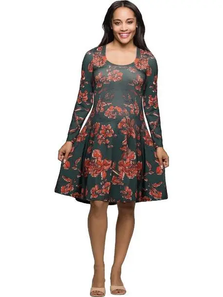 24SEVEN COMFORT APPAREL Floral Print Fit And Flare Dress - Orange Multi