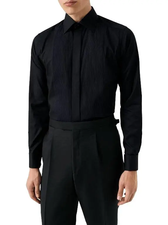 Eton Slim Fit Cotton Plissé Tuxedo Shirt - Black