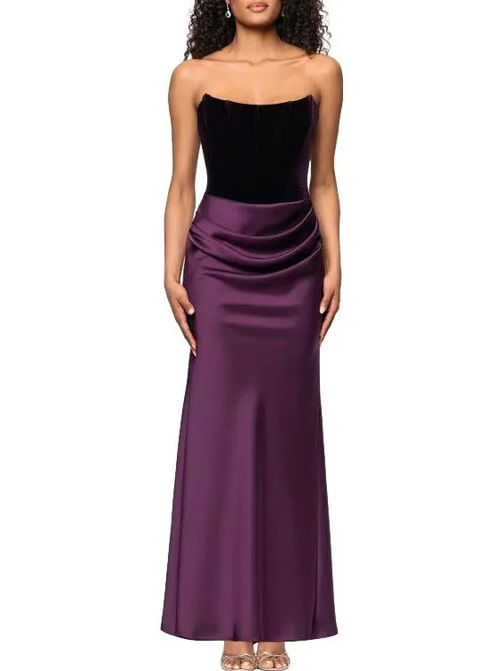 Betsy & Adam Strapless Velvet & Satin Gown - Plum