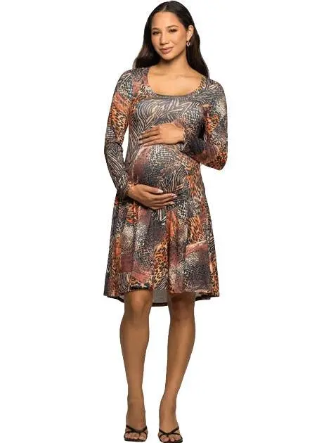 24SEVEN COMFORT APPAREL Animal Print Fit And Flare Maternity Dress - Brown Multi