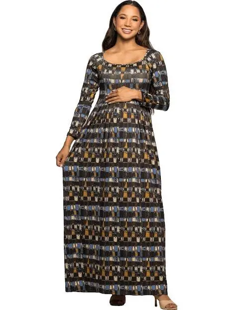 24SEVEN COMFORT APPAREL Geometric Print Long Sleeve Empire Waist Maxi Dress - Green Multi