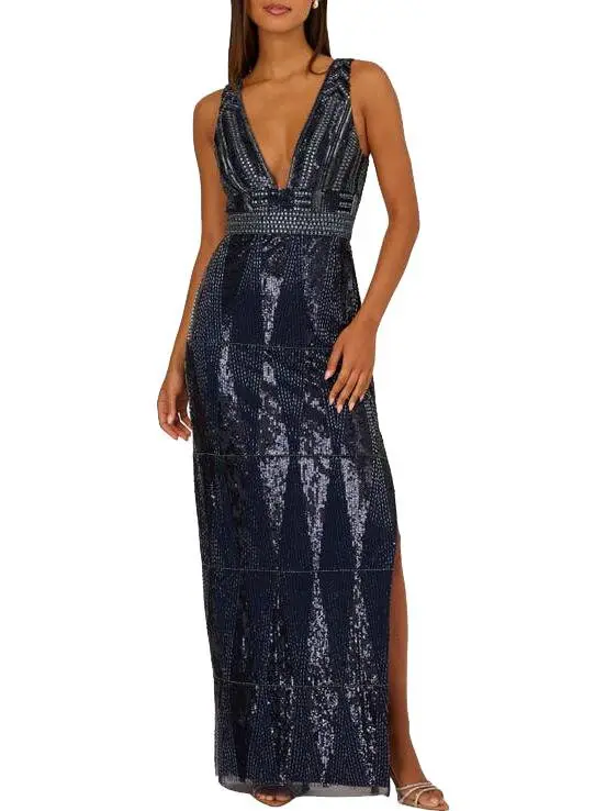 Aidan Mattox Plunge Neck Beaded Gown - Navy/gunmetal