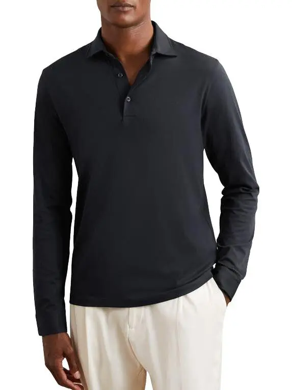 REISS Portofino Long Sleeve Supima® Cotton Polo - Navy