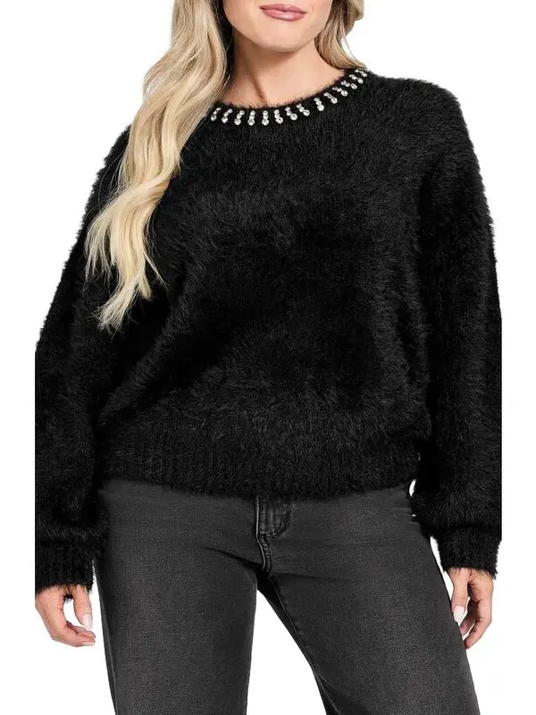 Guess Arisa Rhinestone Accent Crewneck Sweater - Black-black