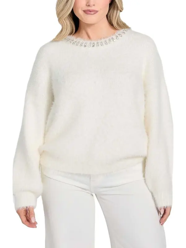 Guess Arisa Rhinestone Accent Crewneck Sweater - Natural