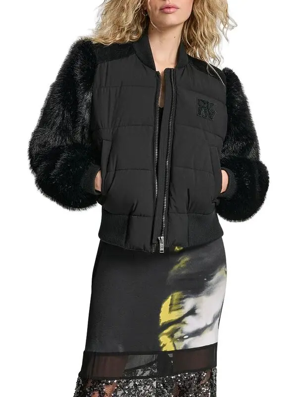 Dkny Cropped Faux Fur Sleeve Bomber Jacket - Black