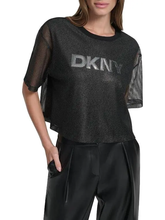 Dkny Mesh Overlay Logo Top - Black