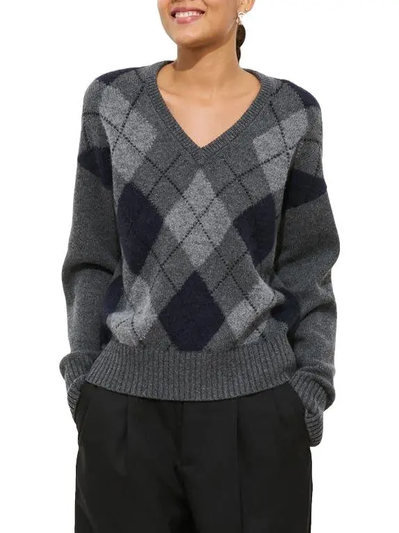 ALEX MILL Campbell Argyle Wool-blend V-neck Sweater - Storm Grey Multi