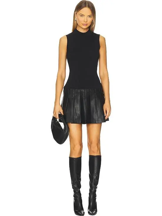 MILLY Leather Pleated Skirt Knit Dress - Black