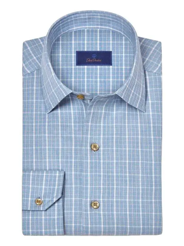 David Donahue Cotton & Cashmere Herringbone Check Sport Shirt - Sky