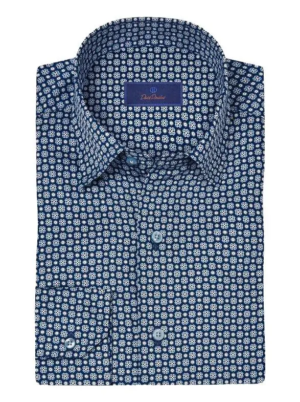 David Donahue Geometric Print Sport Shirt - Navy