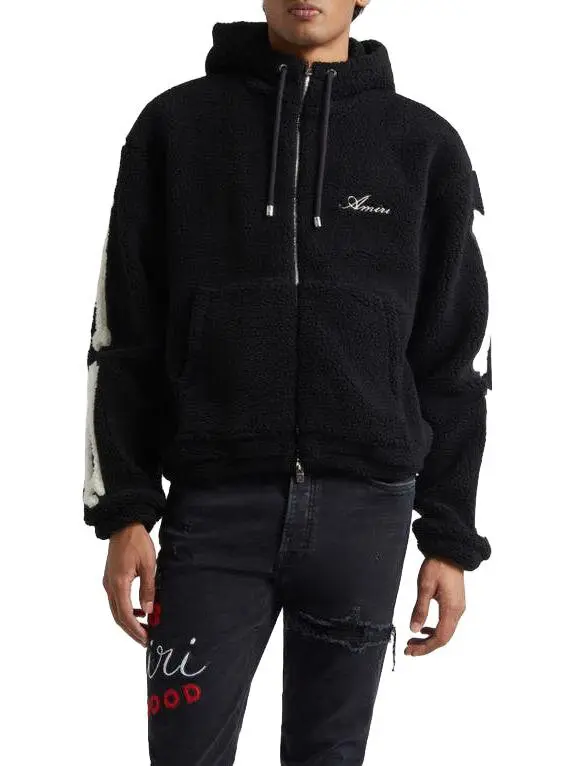 Amiri Bones Patch High Pile Fleece Full Zip Hoodie - Black
