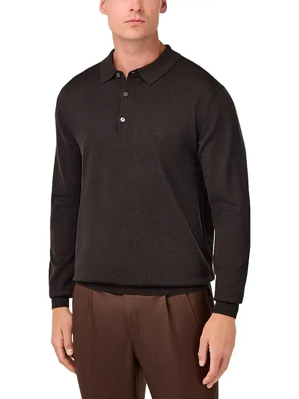 Boggi Milano Extrafine Merino Wool Long Sleeve Knitted Polo Shirt - Brown