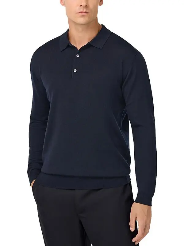 Boggi Milano Extrafine Merino Wool Long Sleeve Knitted Polo Shirt - Navy Blue