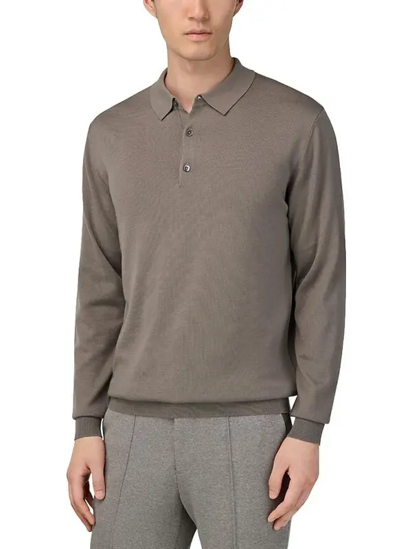 Boggi Milano Extrafine Merino Wool Long Sleeve Knitted Polo Shirt - Taupe