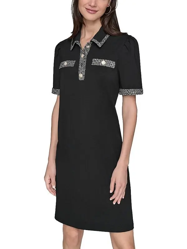 Karl Lagerfeld Paris Tweed Trimmed Polo Dress - Black