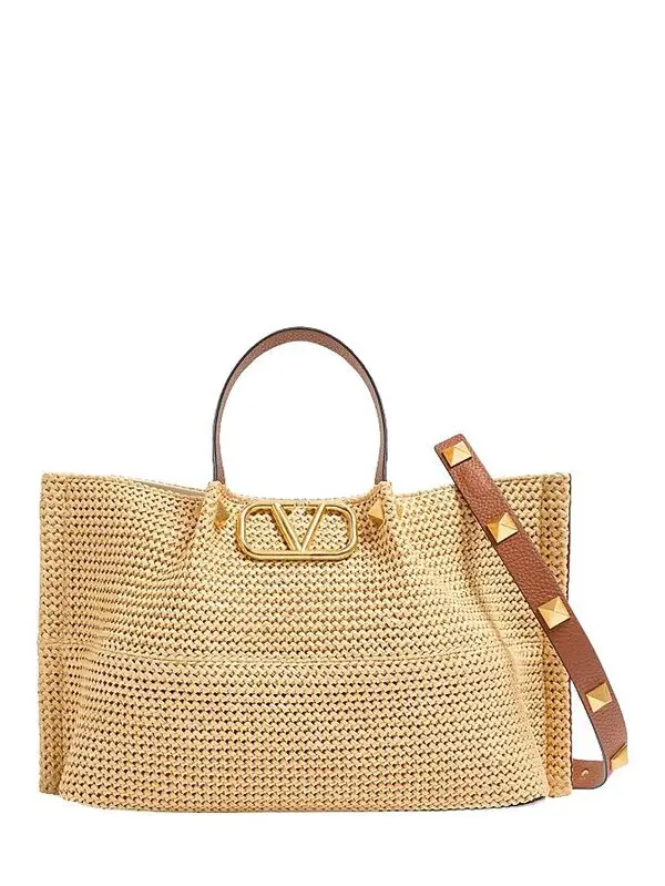 Valentino Garavani Medium Vlogo Raffia Tote - Natural