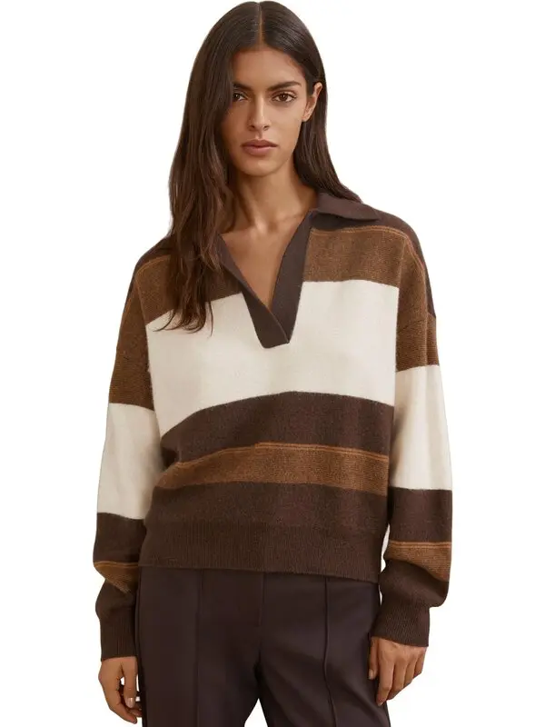 REISS Wool-cashmere Striped Collared Jumper - Chocolate/cream
