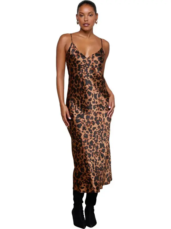 L'Agence Seridie Silk Slip Midi Dress - Brown Multi Amur Leopard