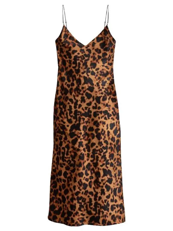 L'Agence Seridie Silk Slip Midi Dress - Brown Multi Amur Leopard