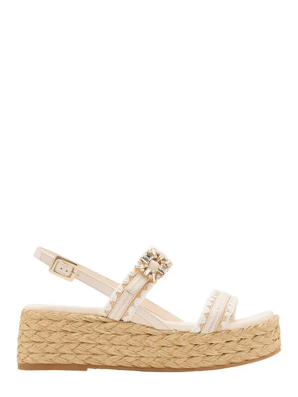 ROGER VIVIER Summer Crystal Raffia Espadrille Flatform Sandals - White
