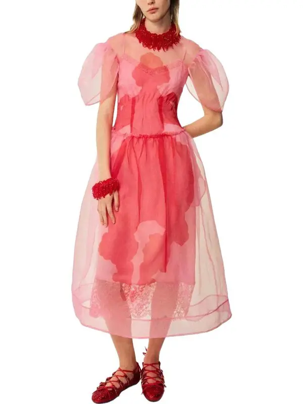 Simone Rocha Puff-sleeve Sculpted-corset Midi Dress - Pink