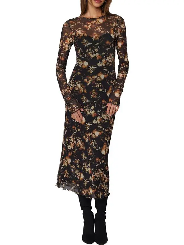 LOST + WANDER Floral Print Long Sleeve Midi Dress - Black Rust Floral