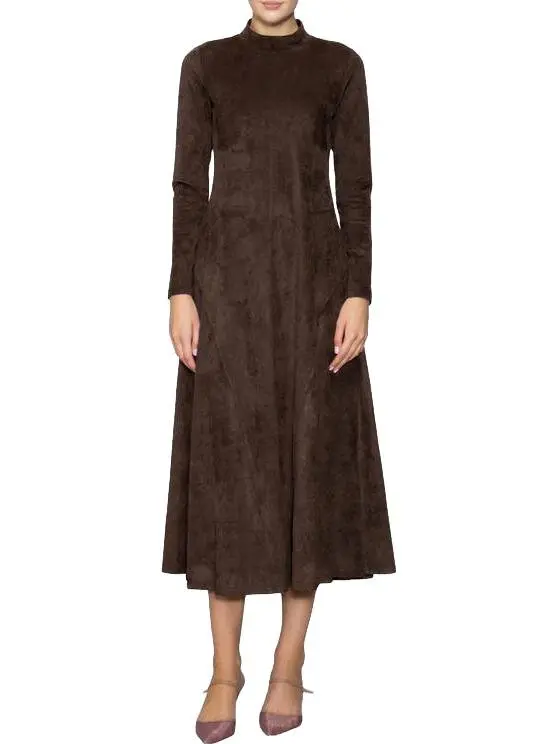 MELLODAY Long Sleeve Faux Suede A-line Dress - Deep Brown